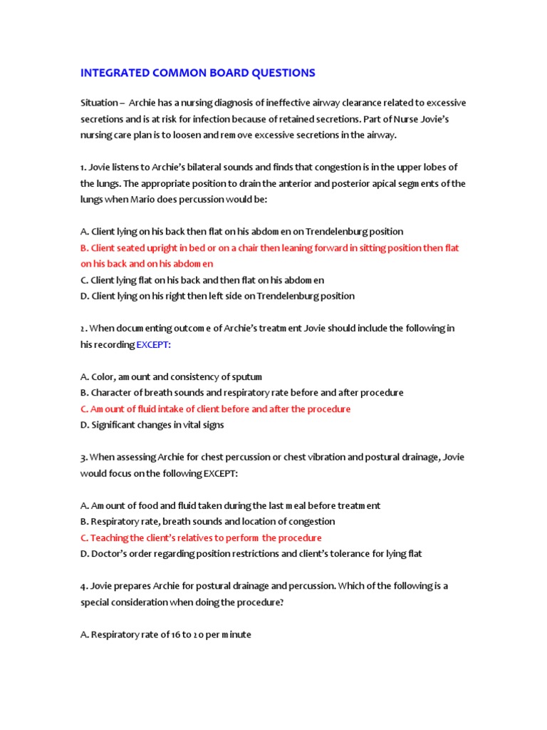 Integrated Common Board Questions | PDF | Nursing | Urination