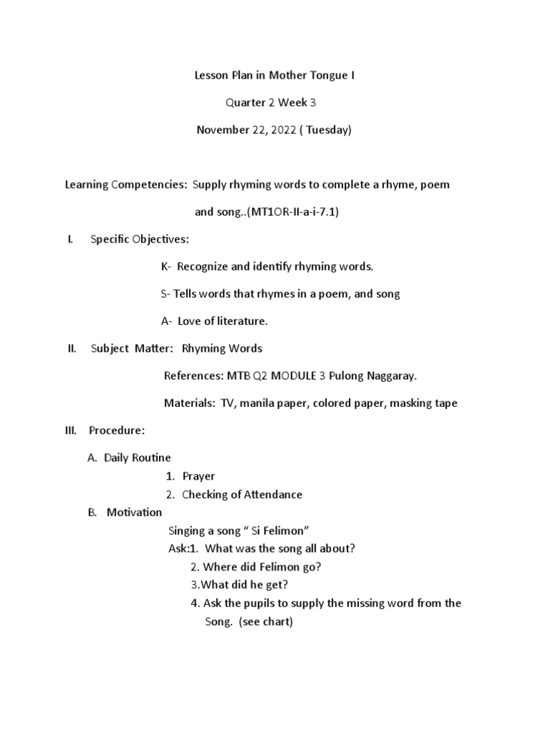 Lesson Plan in Mother Tongue I | PDF | Cognition | Learning