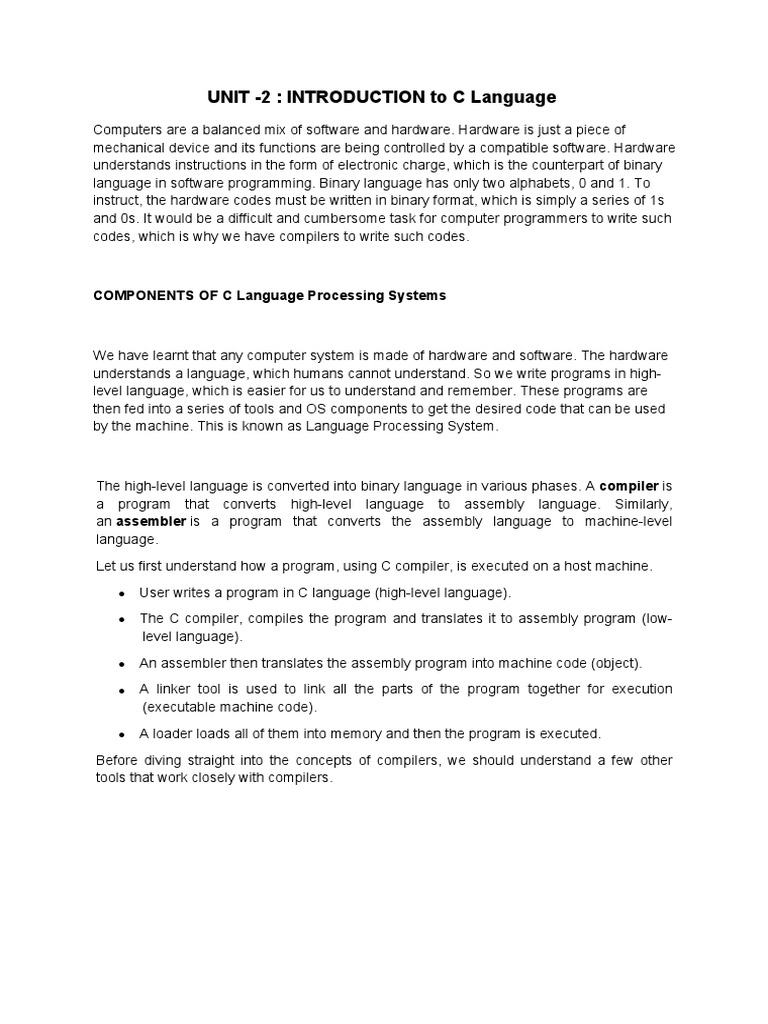 Unit 2 Introduction To C Language Processing System Pdf Programming Computer Program 