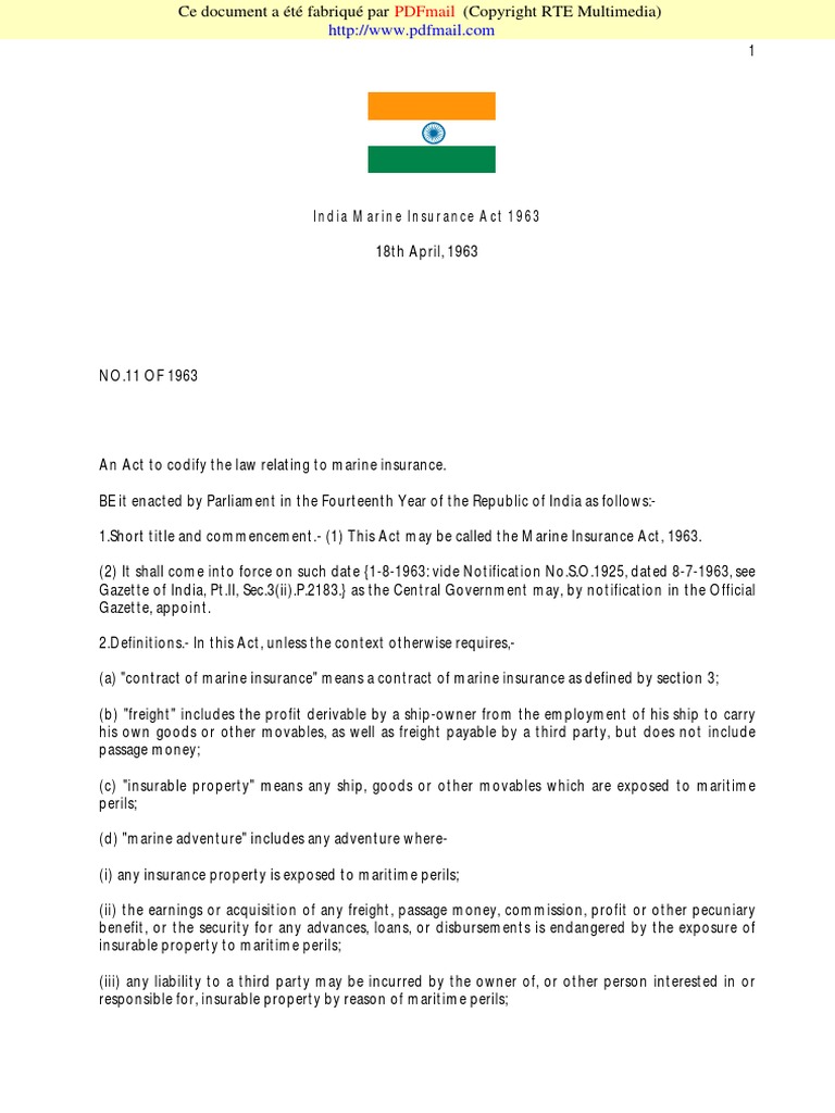 India Marine Insurance Act 1963 | PDF | Insurance | Common Law