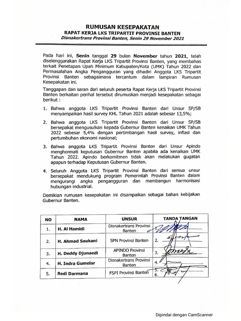 Rumusan Kesepakatan Rapat LKS Tripartit. | PDF