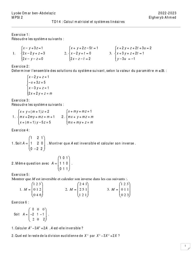 TD: Calcul Matriciel et Systèmes Linéaires | PDF | Objets mathématiques | Fonctionnalités et ...