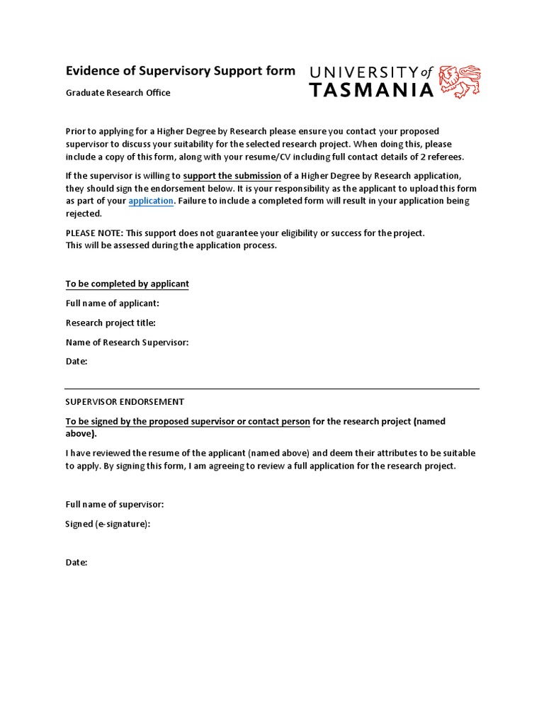 Supervisory Support Form for HDR Applications | PDF | Career & Growth