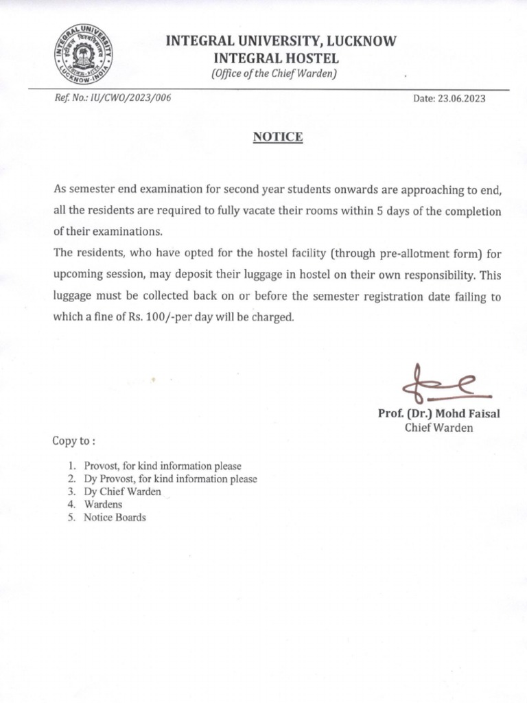 Notice Regarding Room Vacate | PDF