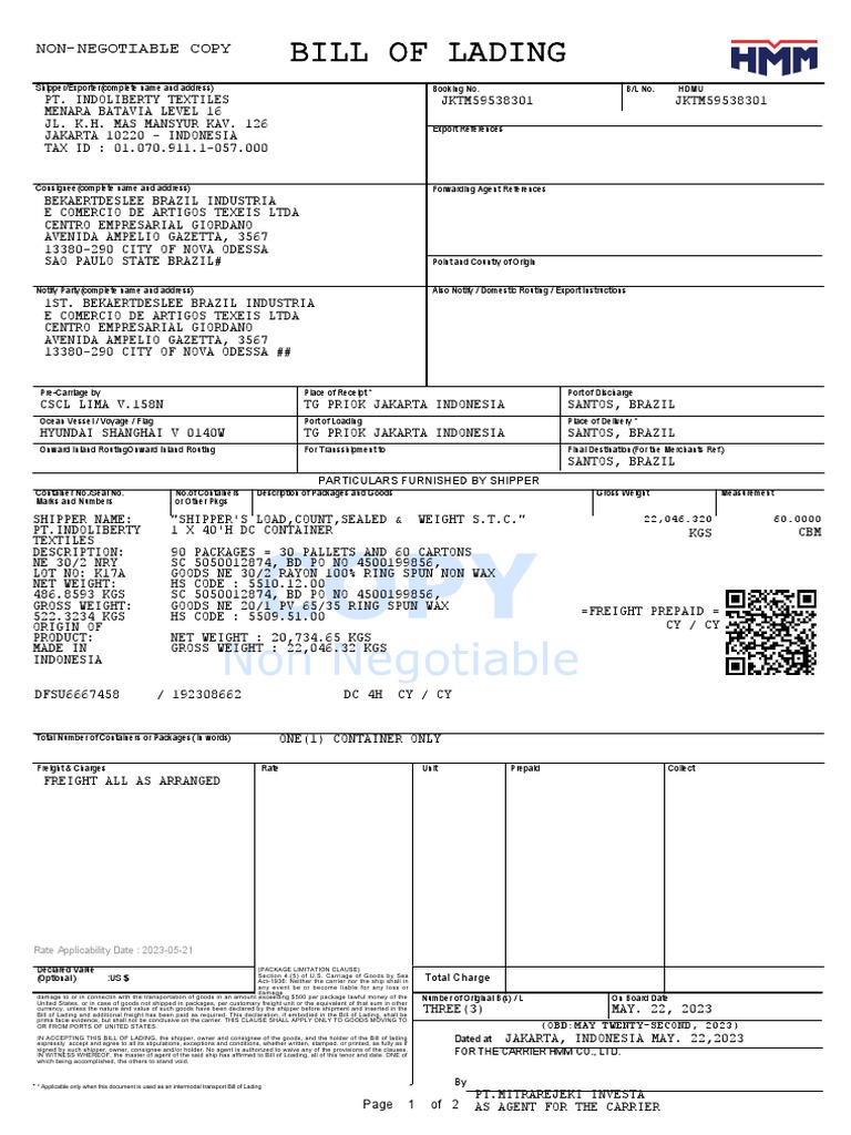 JKTM59538301 | PDF | Cargo | Bill Of Lading