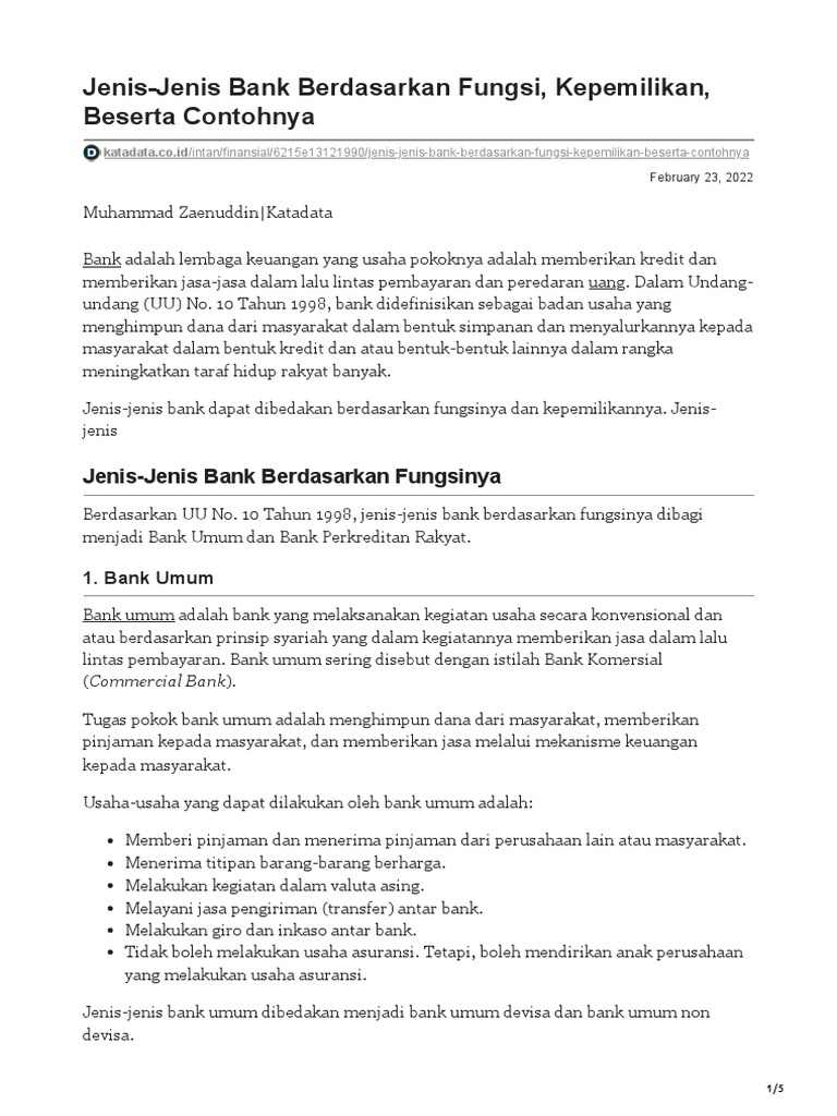 Jenis-Jenis Bank Berdasarkan Fungsi Kepemilikan Beserta Contohnya | PDF