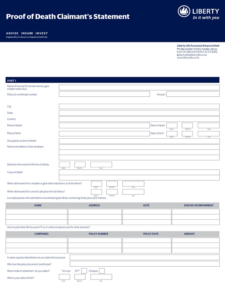 Proof of Death - Claimant Statement | PDF | Insurance | Life Insurance
