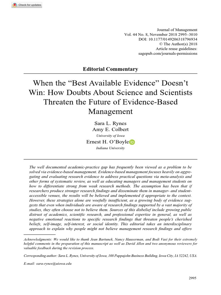 Rynes Et Al 2018 When The Best Available Evidence Doesn T Win How Doubts About Science And