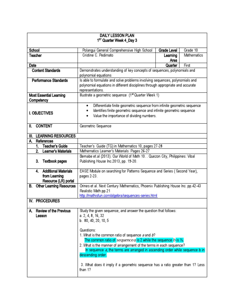 DLP MATH 10-1st Quarter Week 4 - Day 3 | PDF | Sequence | Mathematics