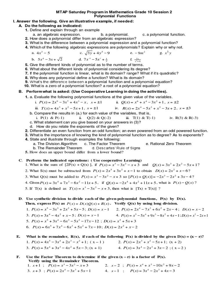 Mtap G10S2 Polynomial Functions | PDF | Polynomial | Factorization