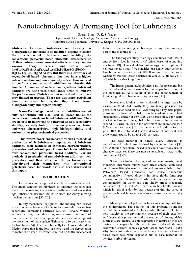 Nanotechnology: A Promising Tool For Lubricants | PDF | Lubricant | Ester