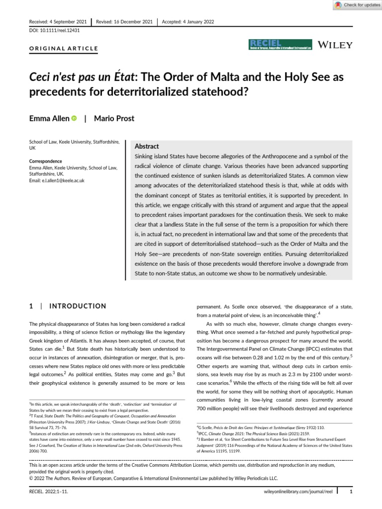 Rev Euro Comp Intl Enviro - 2022 - Allen - Ceci N Est Pas Un Tat The Order of Malta and The Holy ...