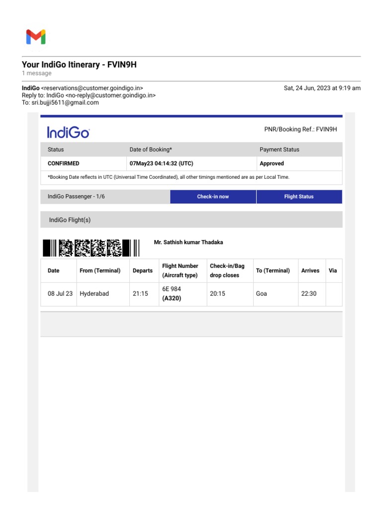 Gmail - Your IndiGo Itinerary - FVIN9H | PDF | Aeronautics | Aviation ...