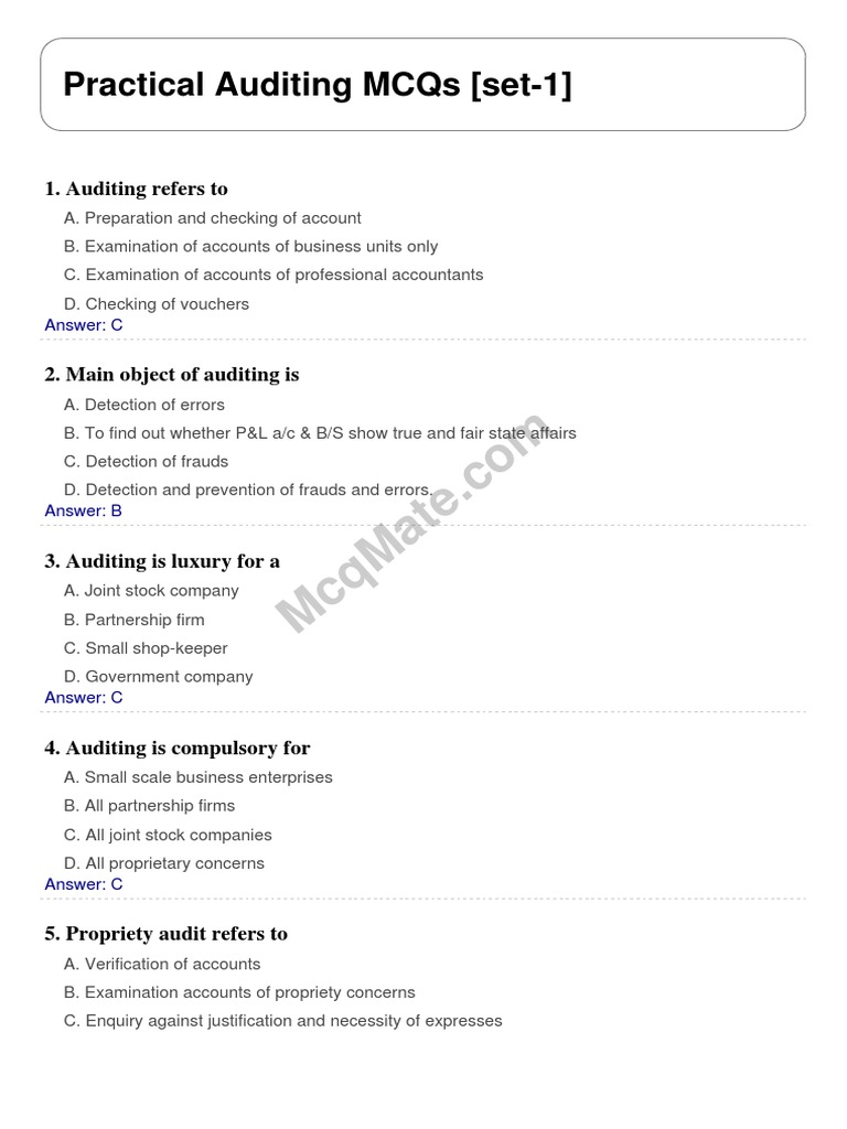 Practical Auditing Solved MCQs (Set-1) | Download Free PDF | Audit ... Practical Auditing Solved MCQs (Set-1) | Download Free PDF | Audit ...