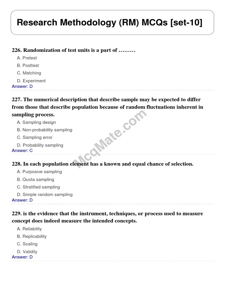 Research Methodology (RM) Solved MCQs (Set-10) | PDF | Sampling (Statistics) | Scientific Method