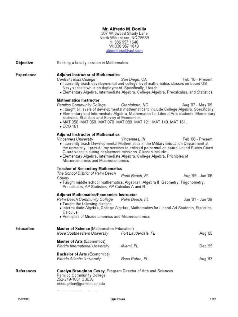 Higher Ed Jobs Resume 2011 | PDF