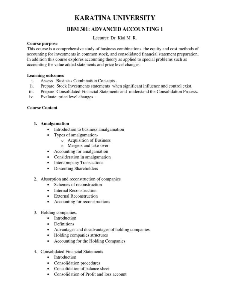 Course Outline BBM 301 2021 | PDF | Consolidation (Business) | Business Economics