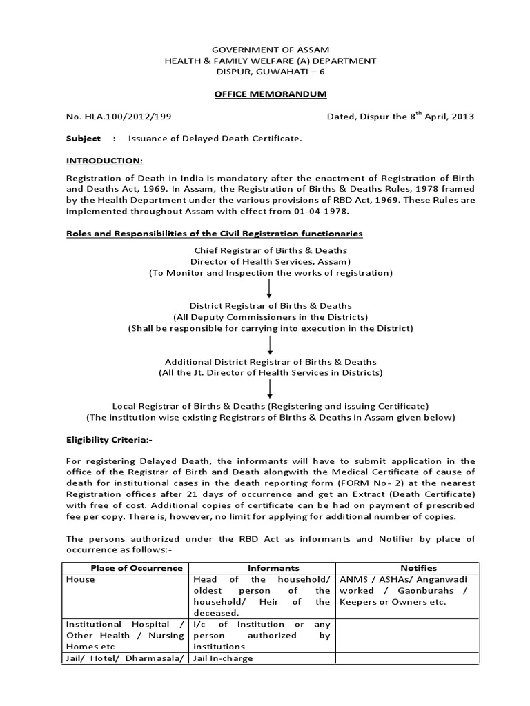 Delayed Death Certificate Process in Assam | PDF | Jurisdiction | Hospital