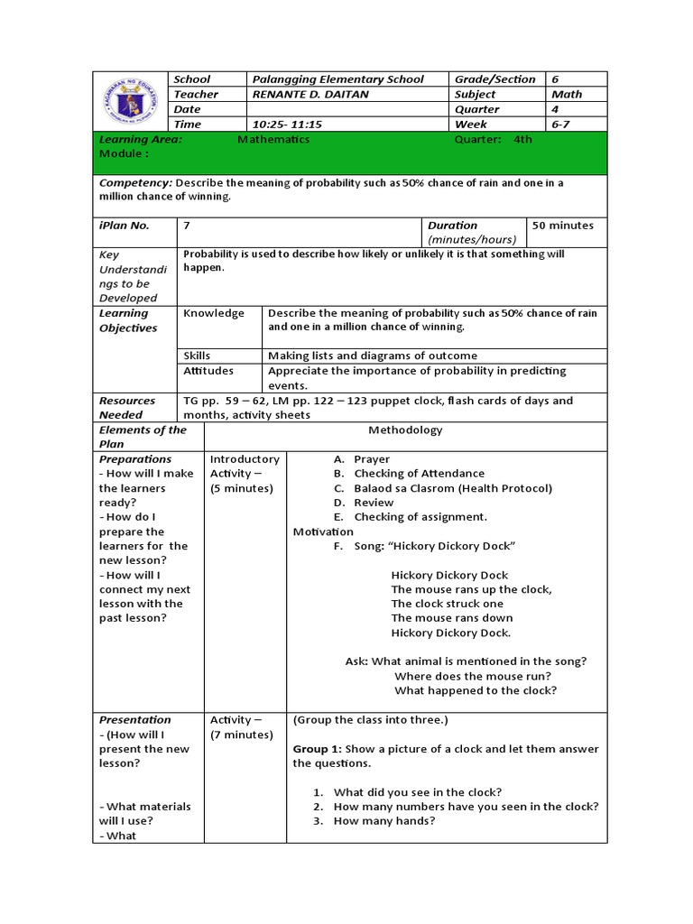 Math 6 4th Quarter | PDF | Learning | Clock