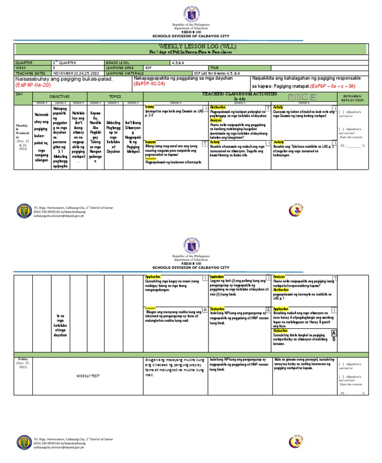 Weekly Lesson Log Sa Edukasyon Sa Pagpapakatao | PDF