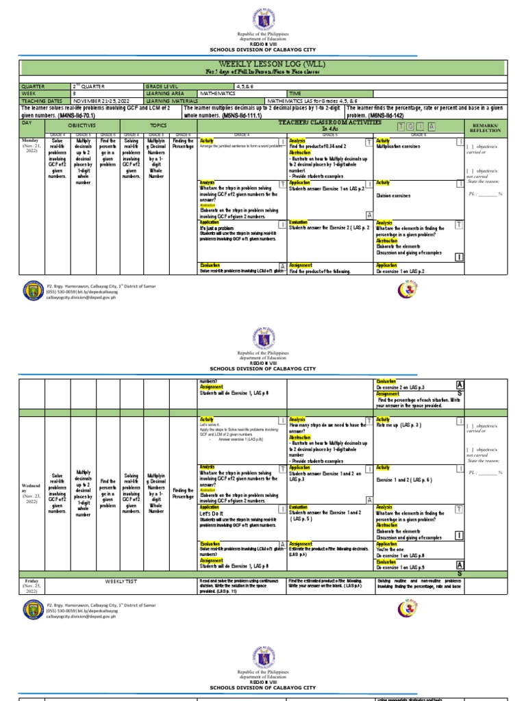 Weekly Lesson Log in Mathematics | PDF | Multiplication | Percentage