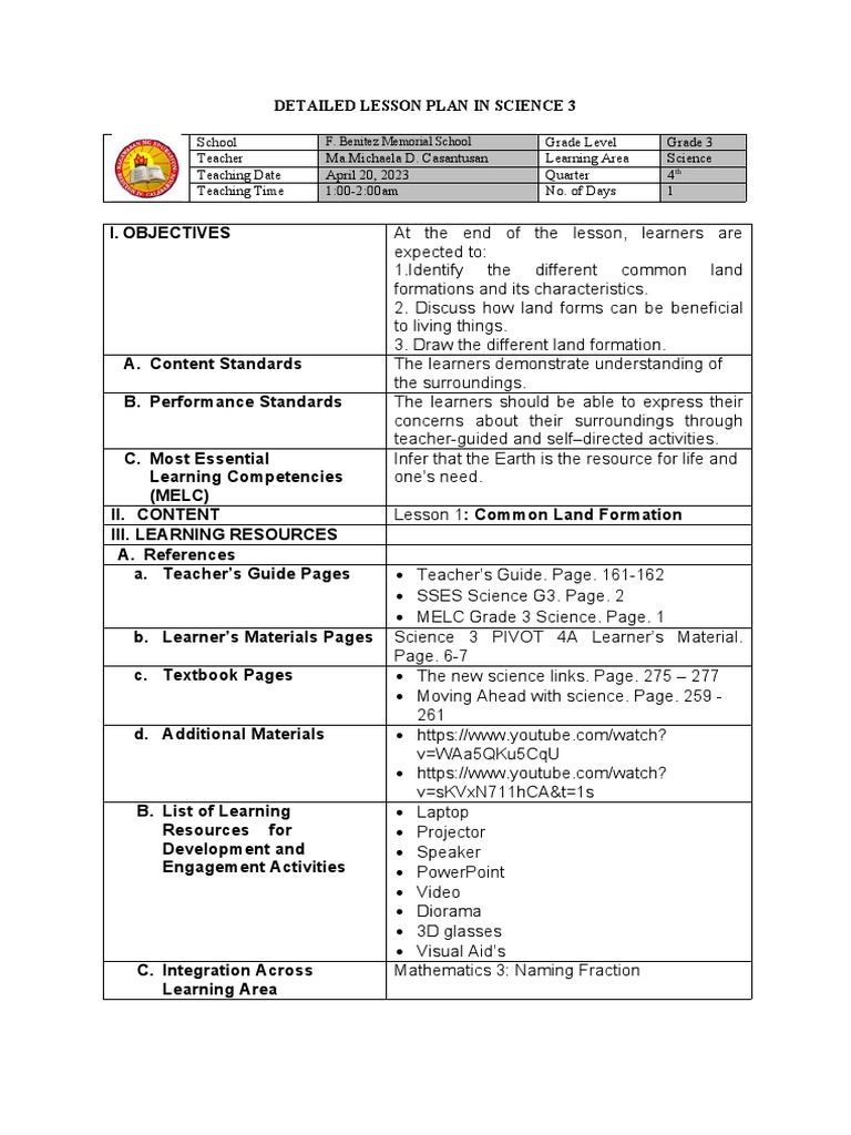 Science3 - Land Formations - Final Demonstration Teaching - Lesson Plan ...