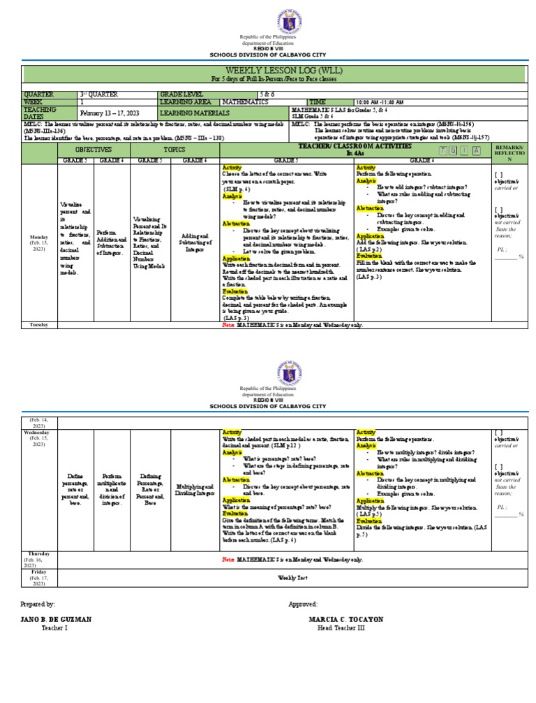 Quarter 3 Weekly Lesson Log in Mathematics | PDF | Percentage ...