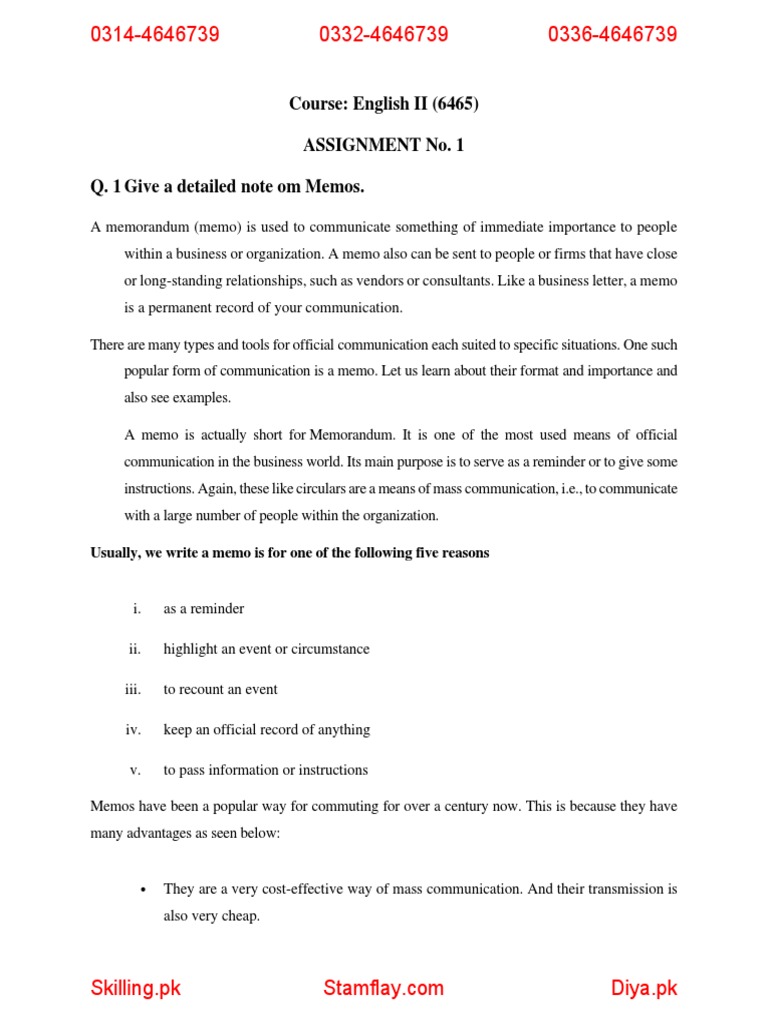 Course: English II (6465) Assignment No. 1 Q. 1 Give A Detailed Note Om Memos | PDF | Citation ...