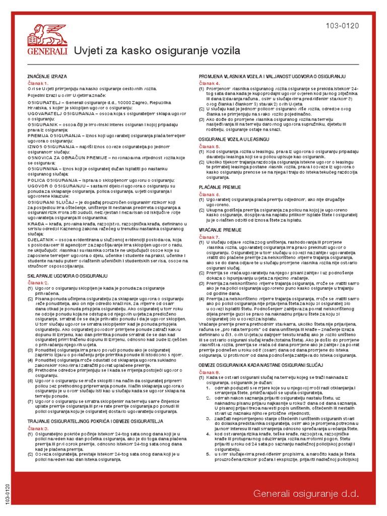103-0120 Uvjeti 103-0121 Dopunskiuvjeti Kasko Osiguranje Vozila | PDF