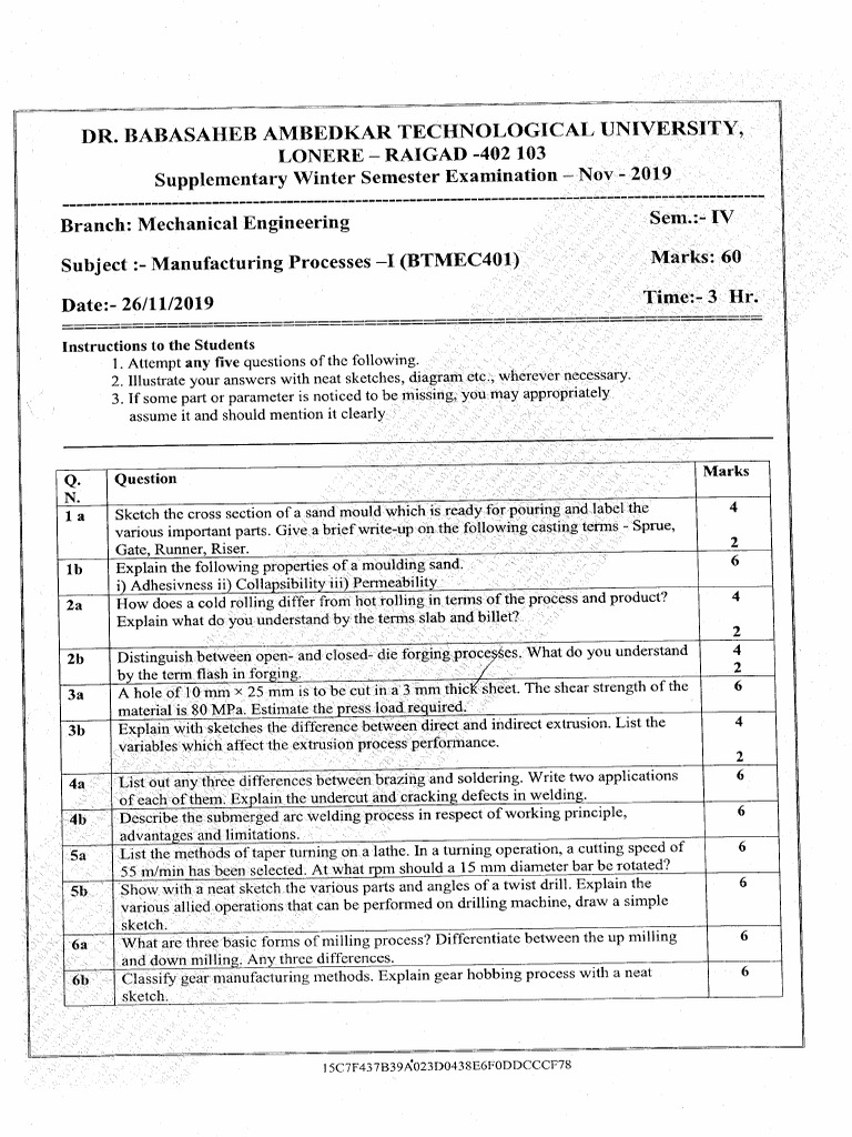 Btech Mech 4 Sem Manufacturing Processes 1 Btmec401 Dec 2019 | PDF