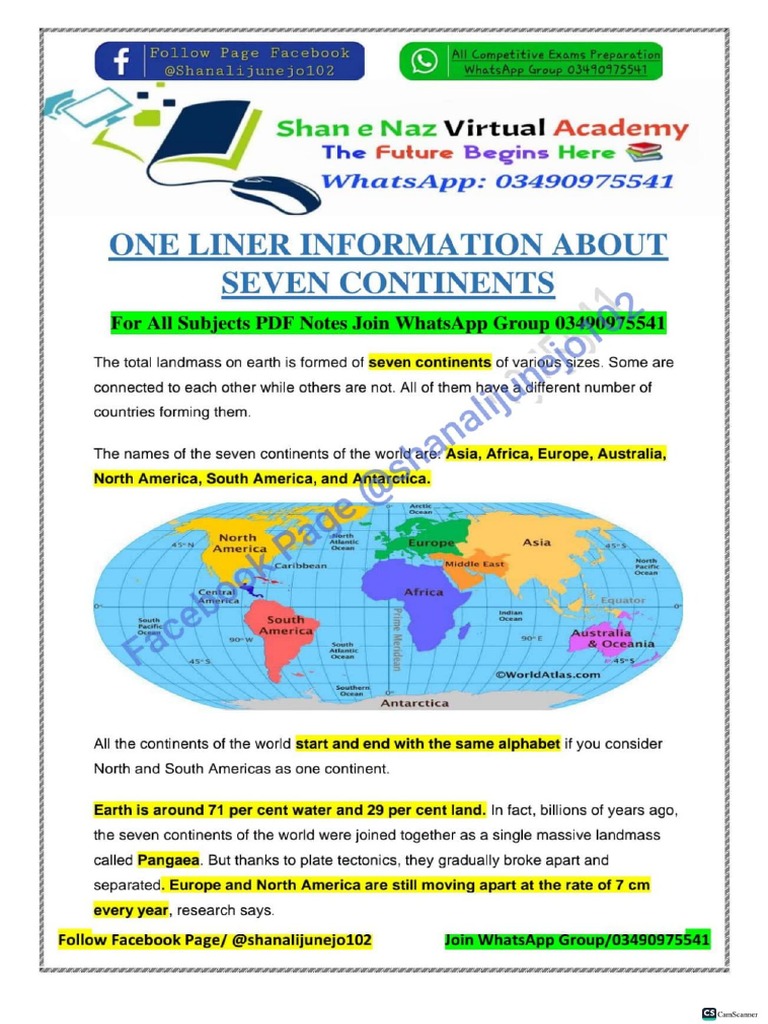 7 Continents Complete One Liner Information | PDF
