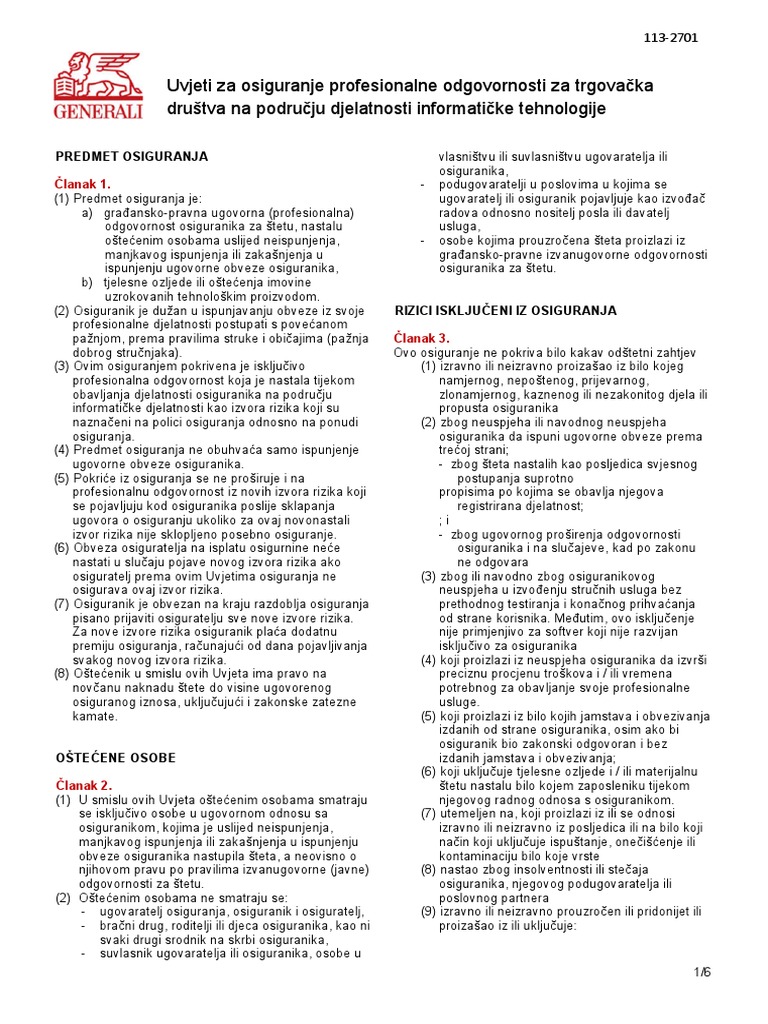 113-2701 Uvjeti Za Osiguranje Profesionalne Odgovornosti Djelatnosti ...