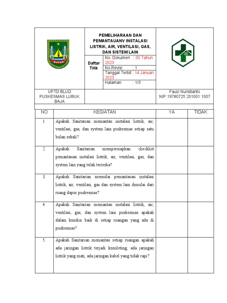 Pemantauan Instalasi Puskesmas 2023 | PDF