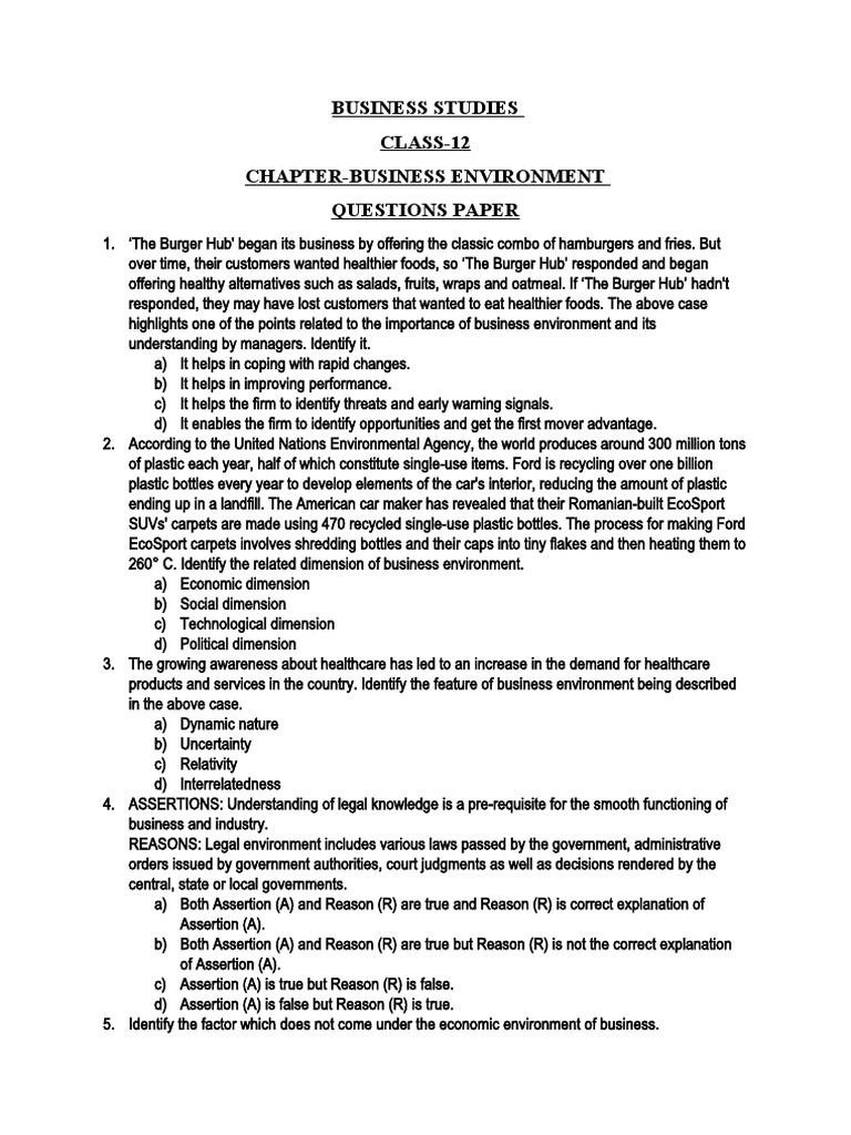 Business Studies CLASS-12 Chapter-Business Environment Questions Paper ...