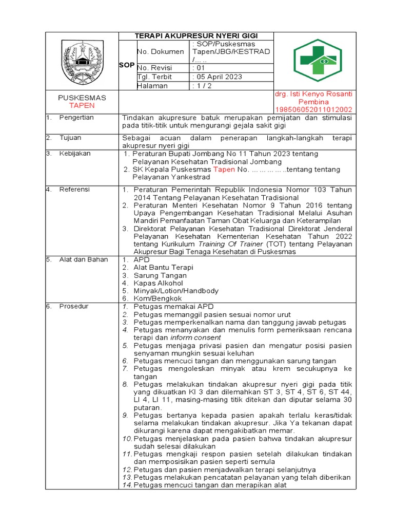 Sop Terapi Akupresure Nyeri Gigi | PDF