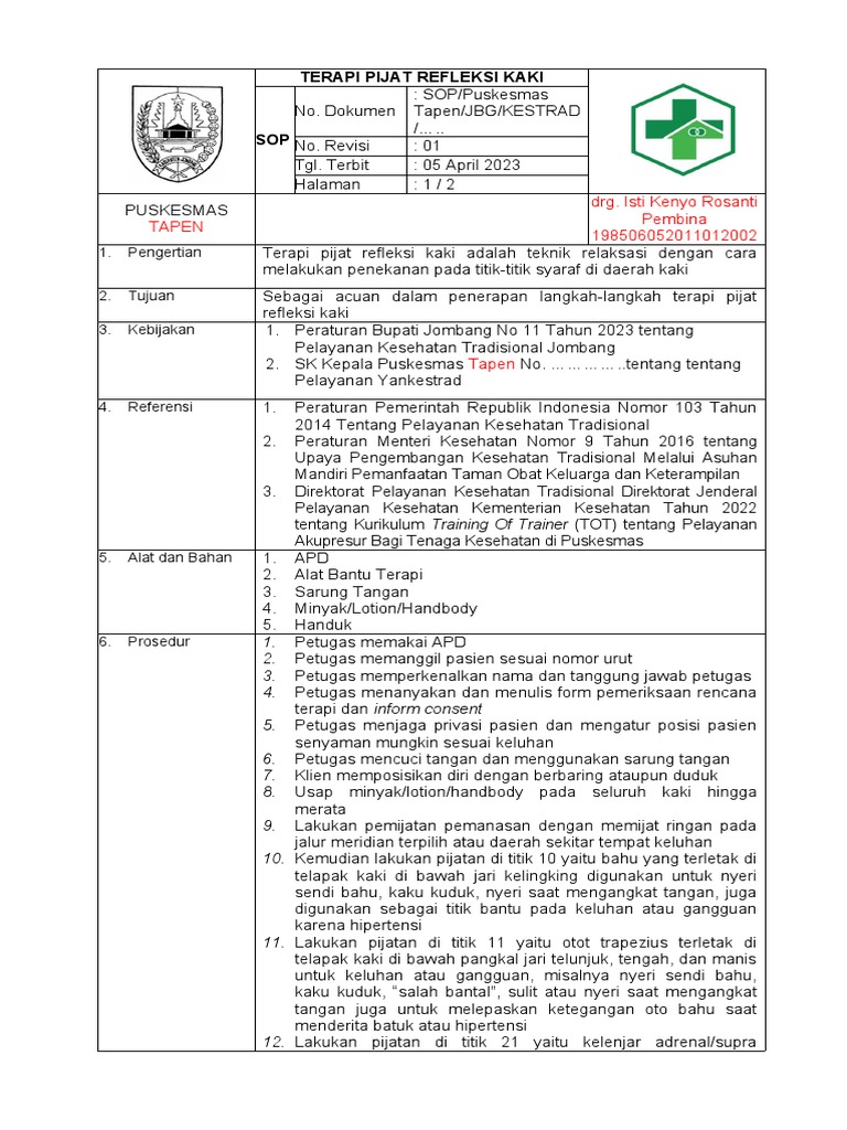 Sop Terapi Pijat Refleksi Kaki | PDF Sop Terapi Pijat Refleksi Kaki | PDF