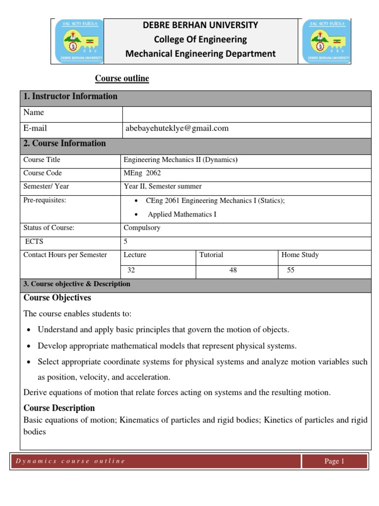 Dynamics Course Outline | PDF | Kinematics | Equations Of Motion