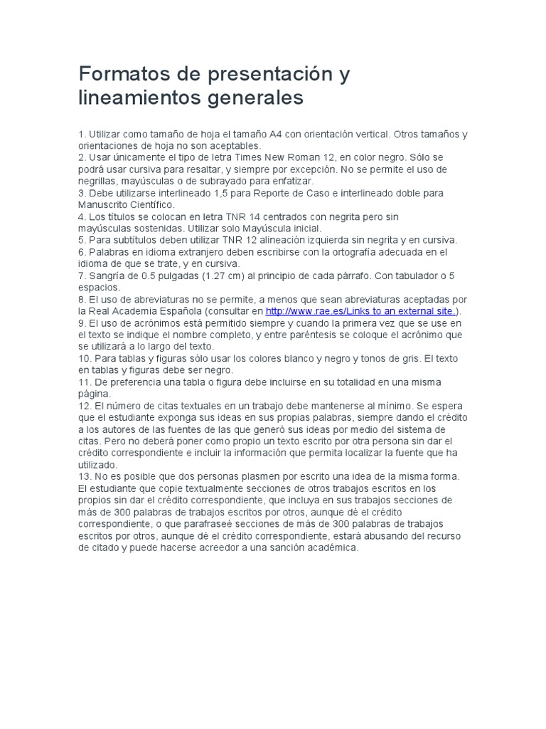 Formatos de Presentación y Lineamientos Generales | PDF