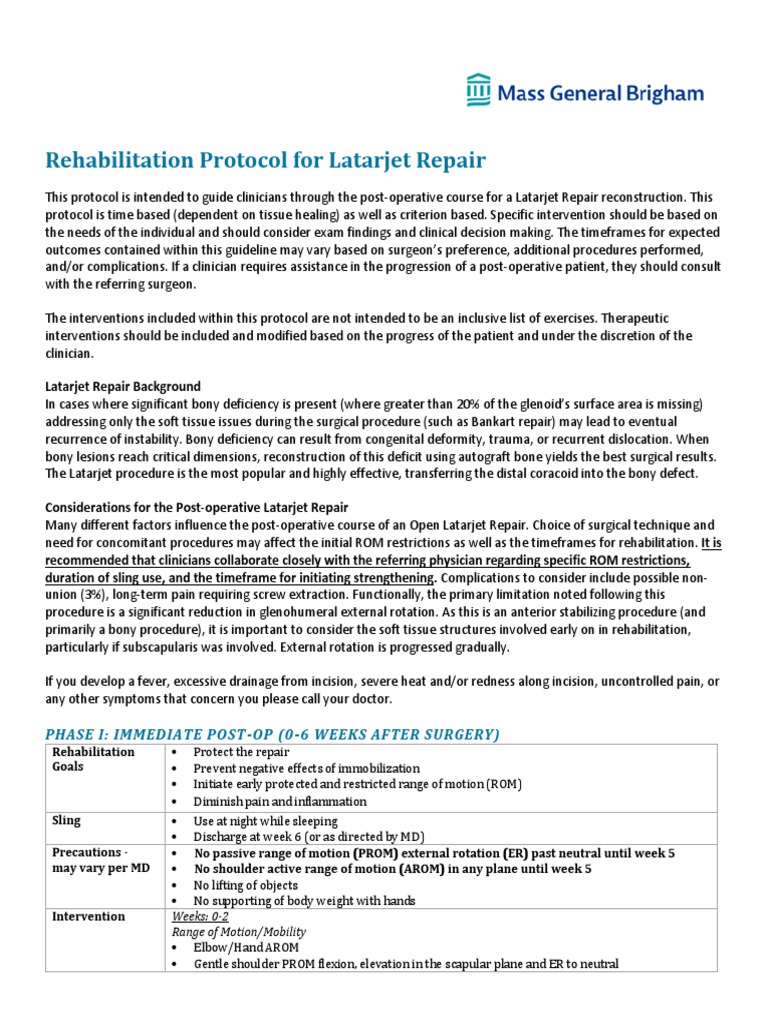 Latarjet Repair Rehabilitation Protocol | PDF | Anatomical Terms Of ...