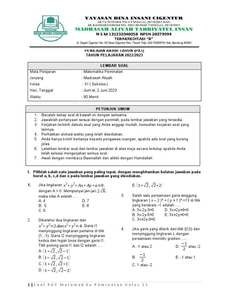 Soal Pat Matematika Peminatan Kelas Xi | PDF