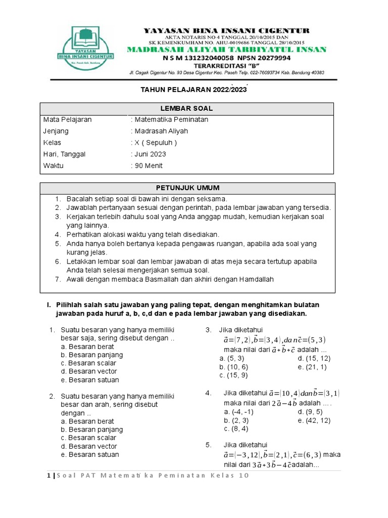 SOAL PAT MATEMATIKA PEMINATAN KELAS X Fix | PDF