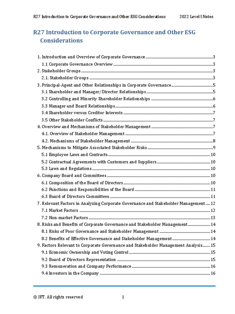 R27 Introduction To Corporate Governance and Other ESG Considerations ...