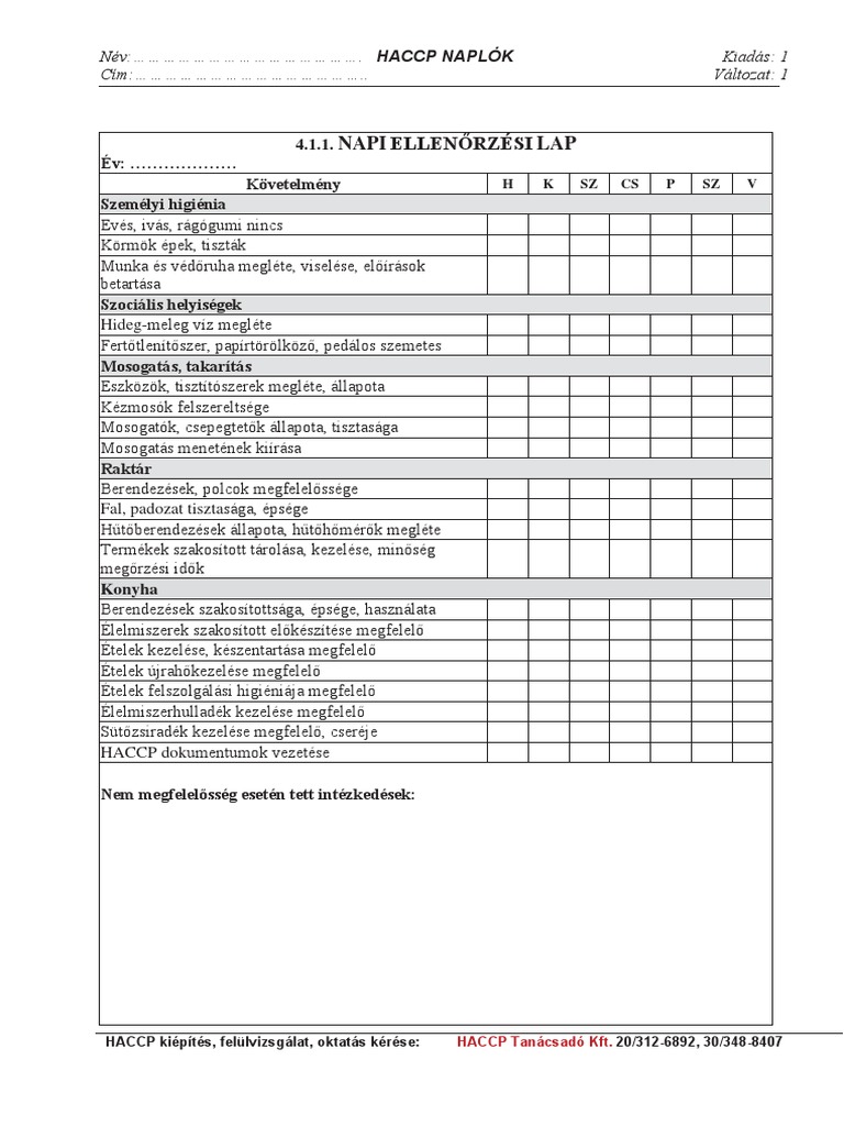 Vendeglatoipari Haccp Naplok Nyomtat-1 | PDF