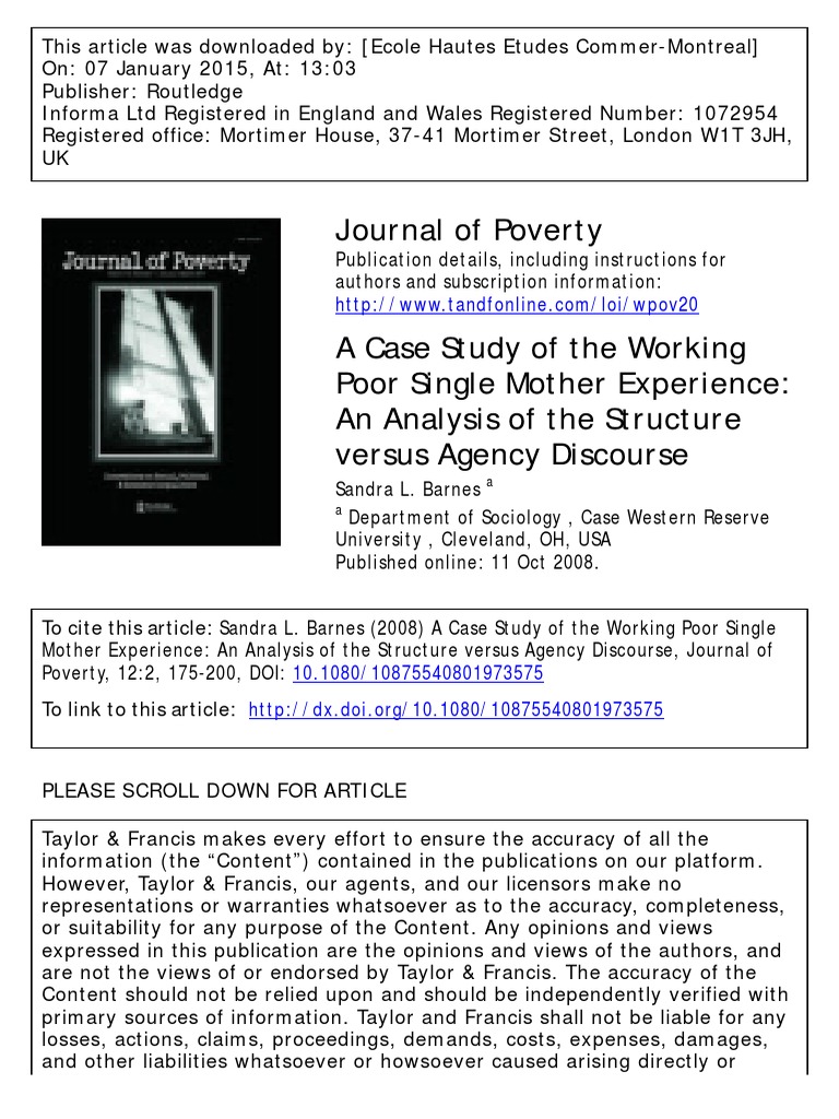 A Case Study of The Working Poor Single Mother Experience An Analysis ...