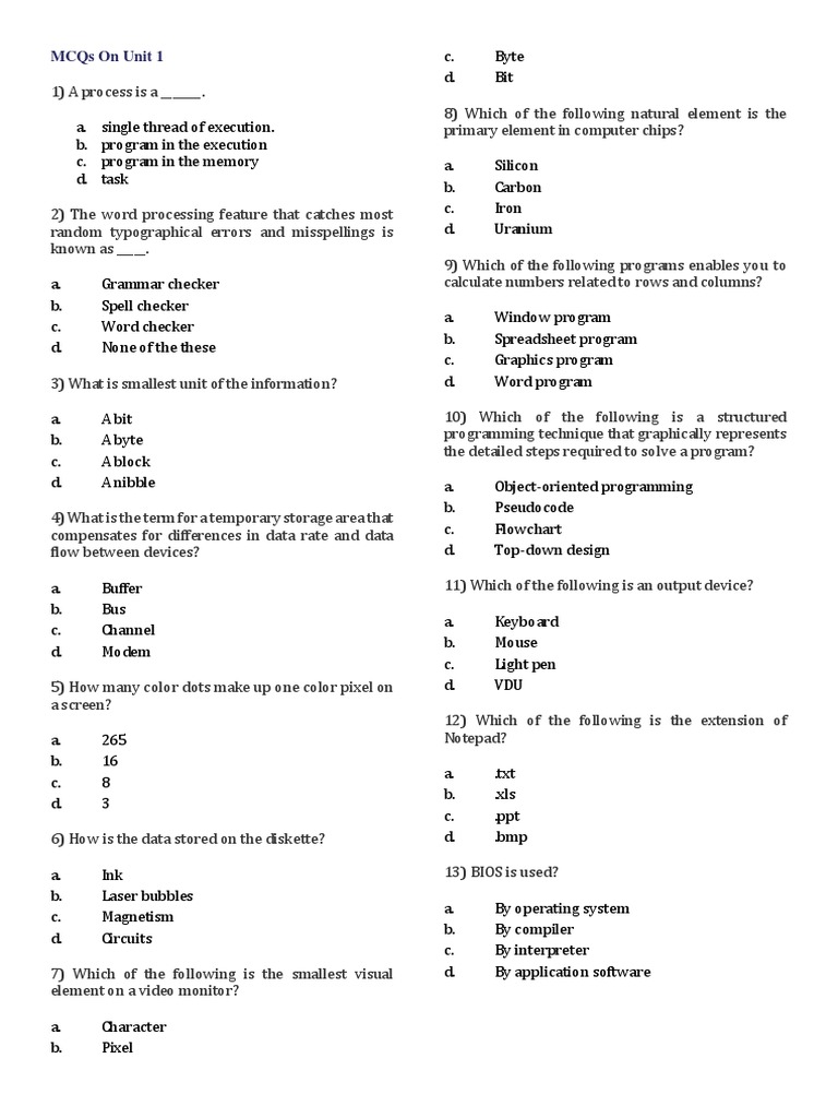 Unit1 Mcqs Introduction To Basic Coding Pdf Random Access Memory Computer Data Storage
