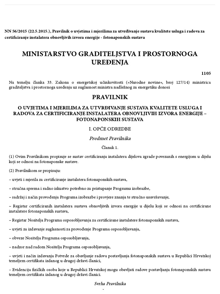 Pravilnik o Uvjetima I Mjerilima Za Utvrđivanje Sustava Kvalitete Usluga I Radova Za ...