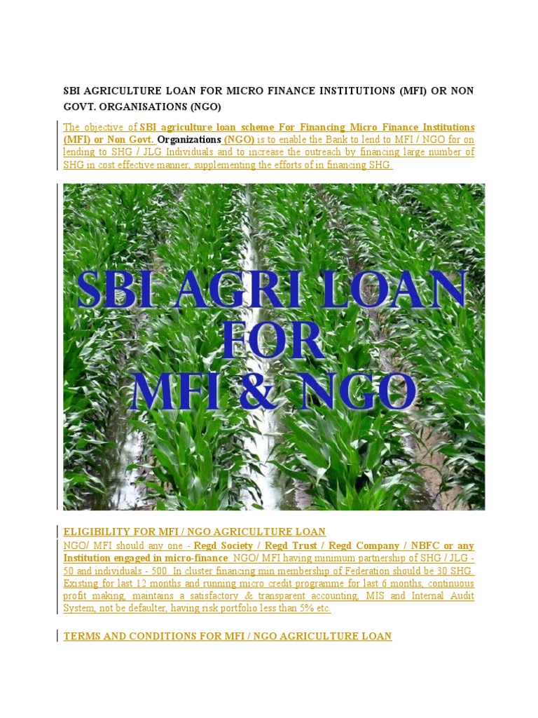 SBI Agriculture Loans for MFIs/NGOs | PDF | Microfinance | Loans