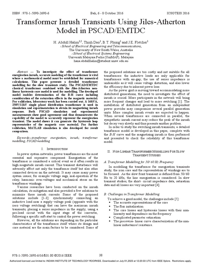 Transformer Inrush Transients Using Jiles Atherton Model In Pscad Emtdc Pdf Transformer