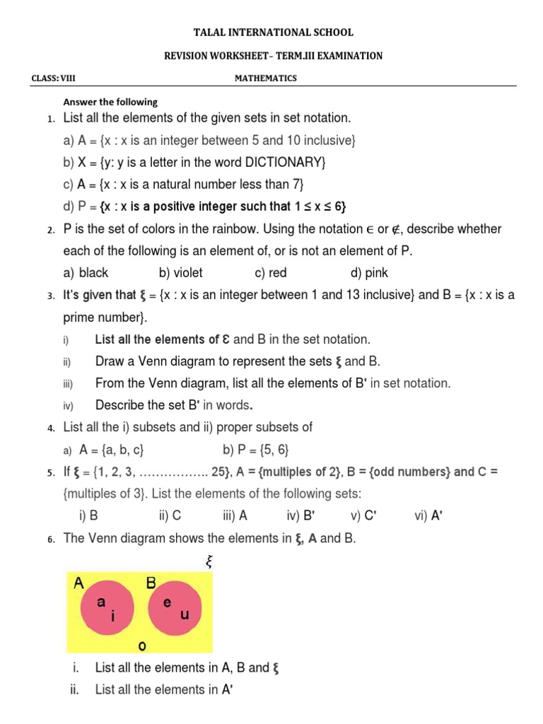 REVISION WORKSHEET TERM.3 8th | PDF | Set (Mathematics) | Mathematics