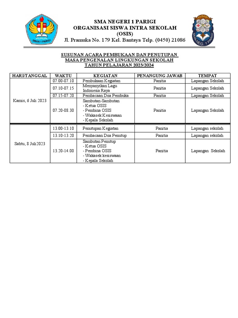 Susunan Acara MPLS SMA Negeri 1 Parigi | PDF